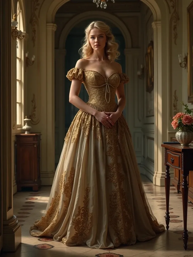 Vintage Southern Champagne Prom Dress with Gold Lace Appliques, Off-the ...