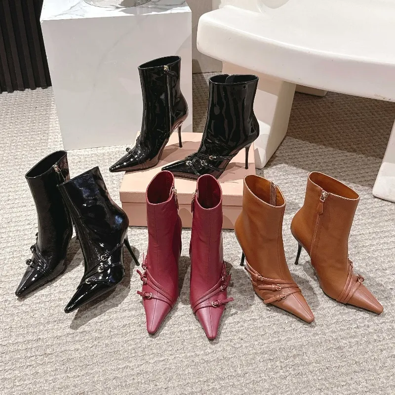 Premium High Heels Patent Leather Fashion Boots Women's Mid Calf ...