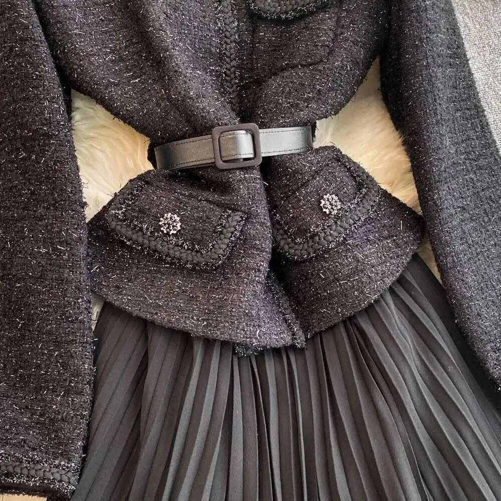 Long Tweed Dress Women Ankle-Length Vintage Polyester 1/2 Sleeve ...