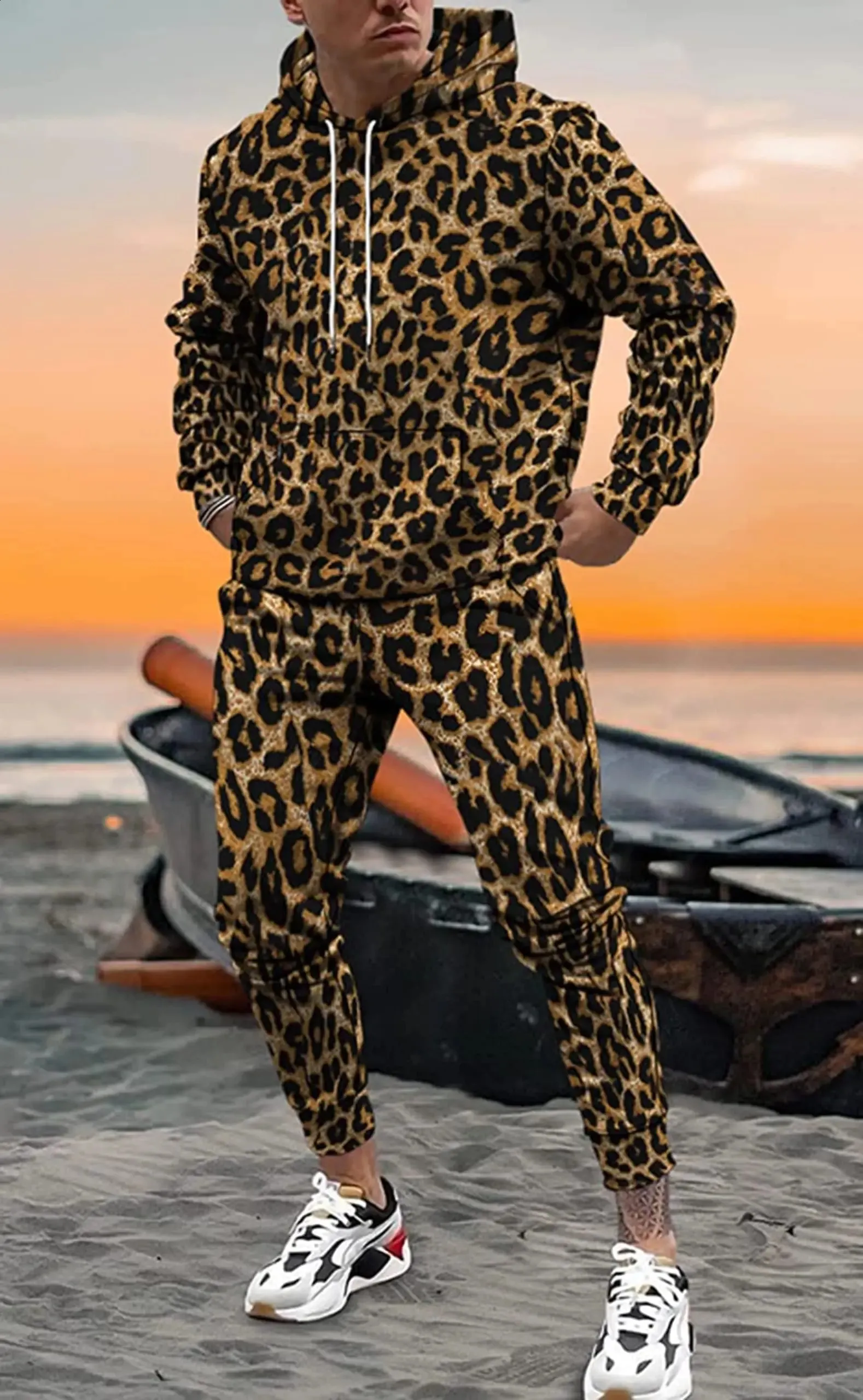 Men's 3D Leopard Print Hoodie And Pants Set Autumn/Winter Two Piece ...