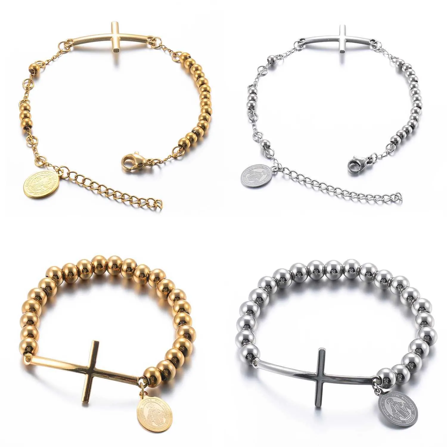 Y250329 Stainless Steel Jesus Cross Pendant Bracelet Religious Bead ...