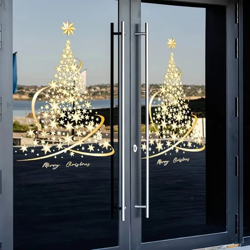 2 Pack PVC Golden Christmas Tree Window Clings Stickers for Glass ...