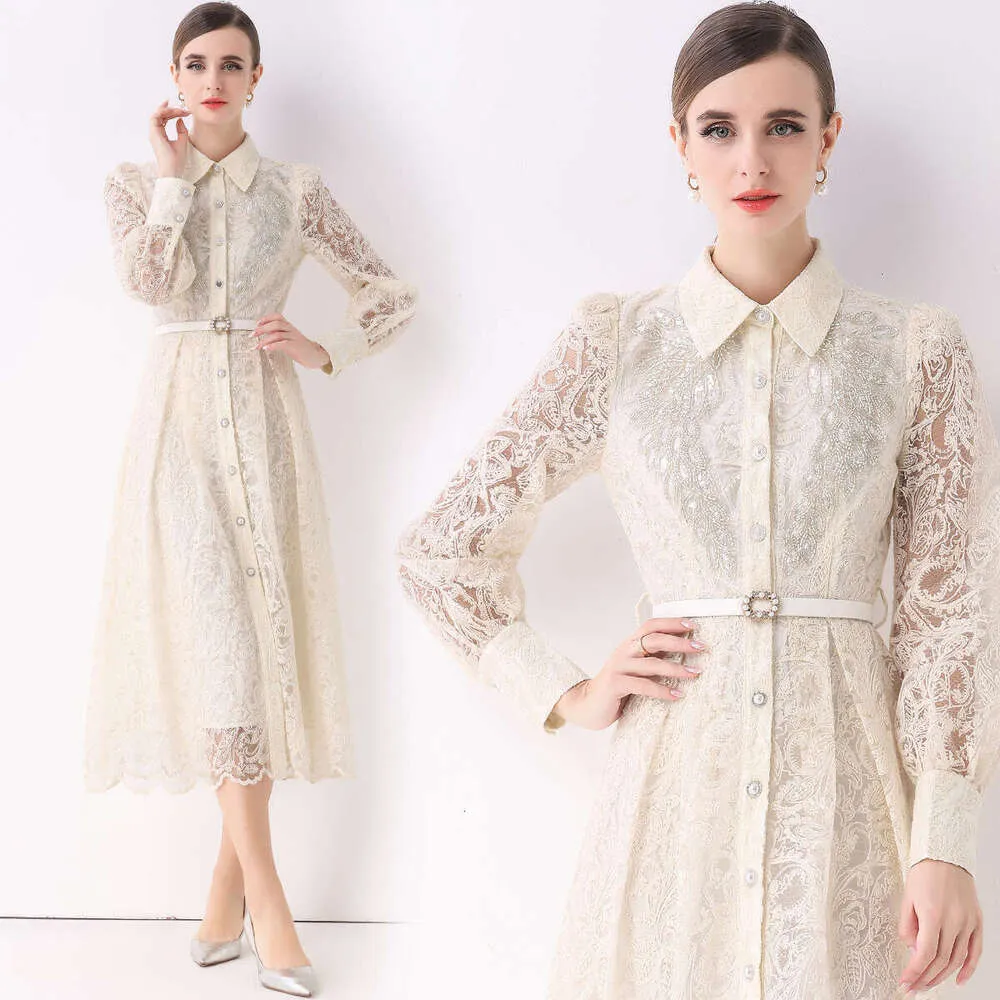 5895 French Style Lace Embroidered Long Sleeve Dress With Belt Single ...