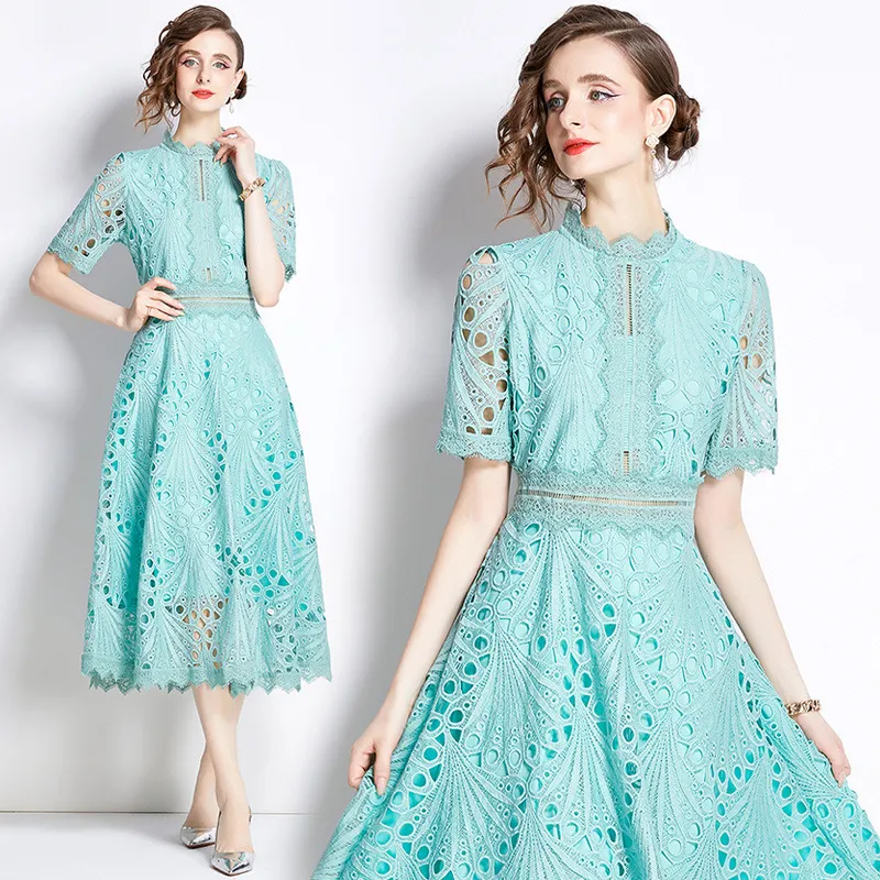 Lace Round Neck Summer Dress Women's White Patchwork Dress For Slimming ...