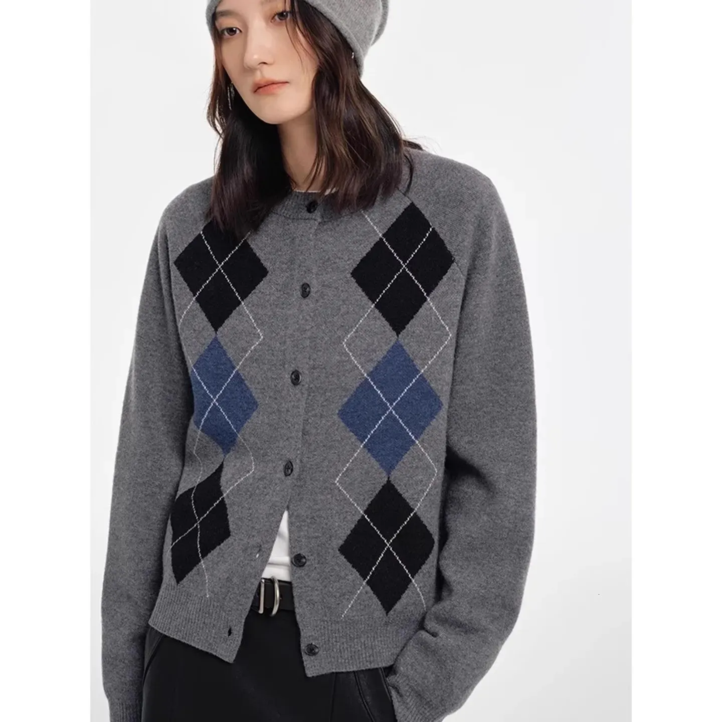 2025 Autumn diamond pattern cream acetate cardigan women loose fit hooded full opening sweater ...