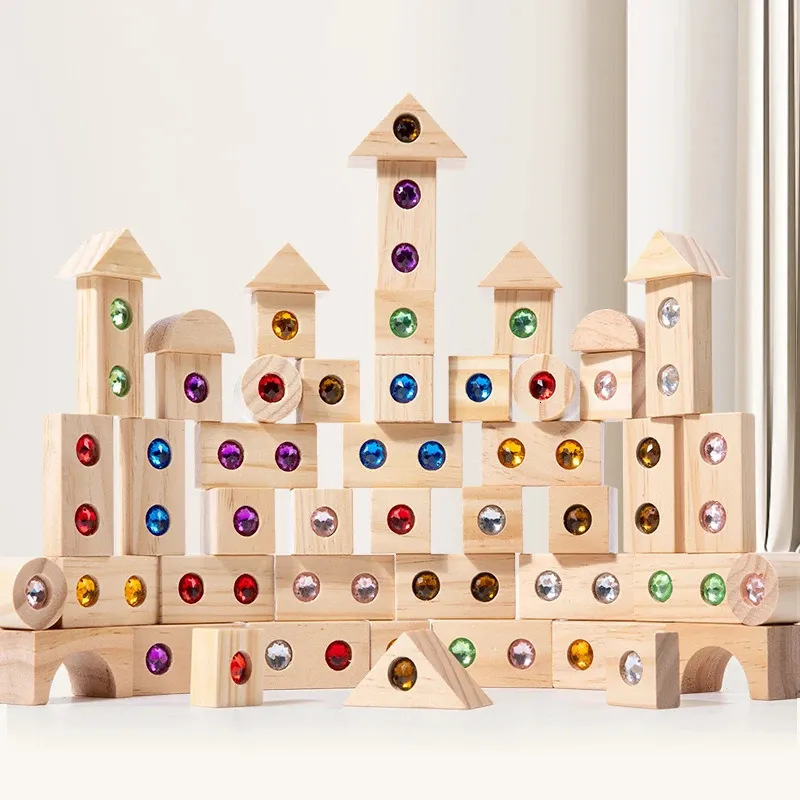 DIY Wooden Montessori Rainbow Gem Stacking Blocks Colorful Educational ...