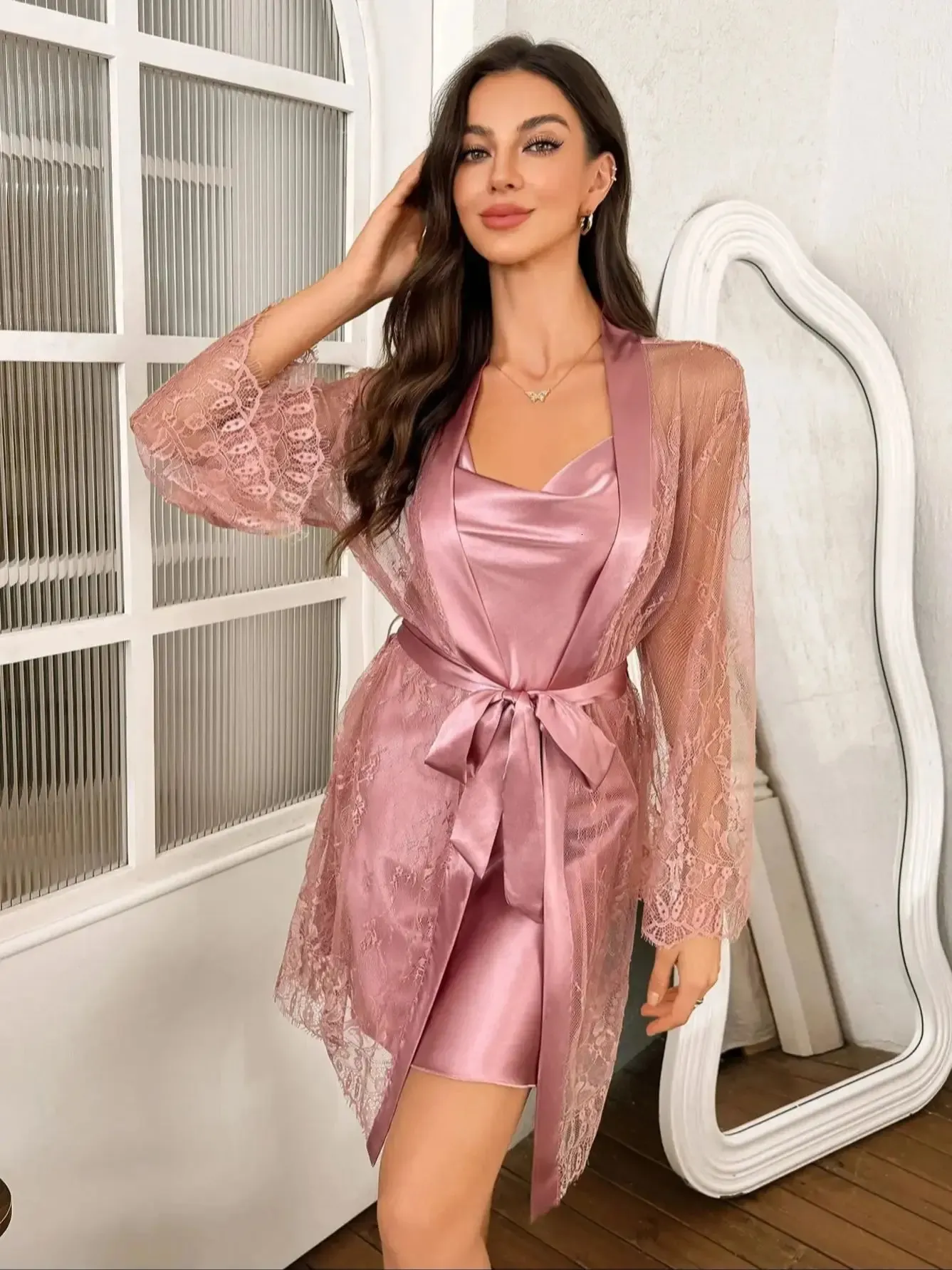 Lace nightgown robe set for women solid color polyester with see ...