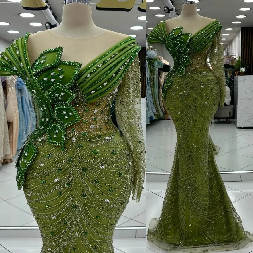 Olive Green Plus Size Mermaid Prom Dresses Beaded Crystals Sequined ...