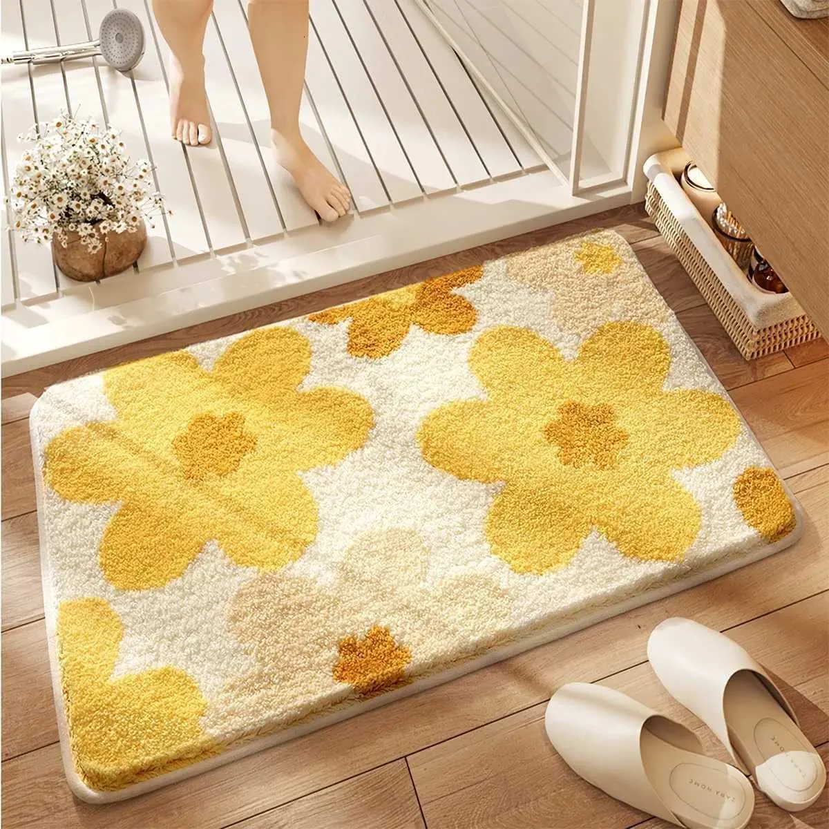 VIKAMA Floral-Patterned Cotton Bathroom Carpet Quick-Drying Water ...
