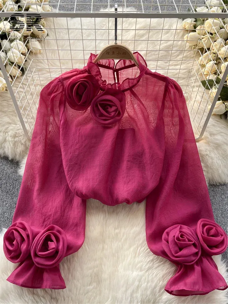 Singreiny Women's Elegant Mesh Blouse: Ruffles, Flower Detail, Loose ...