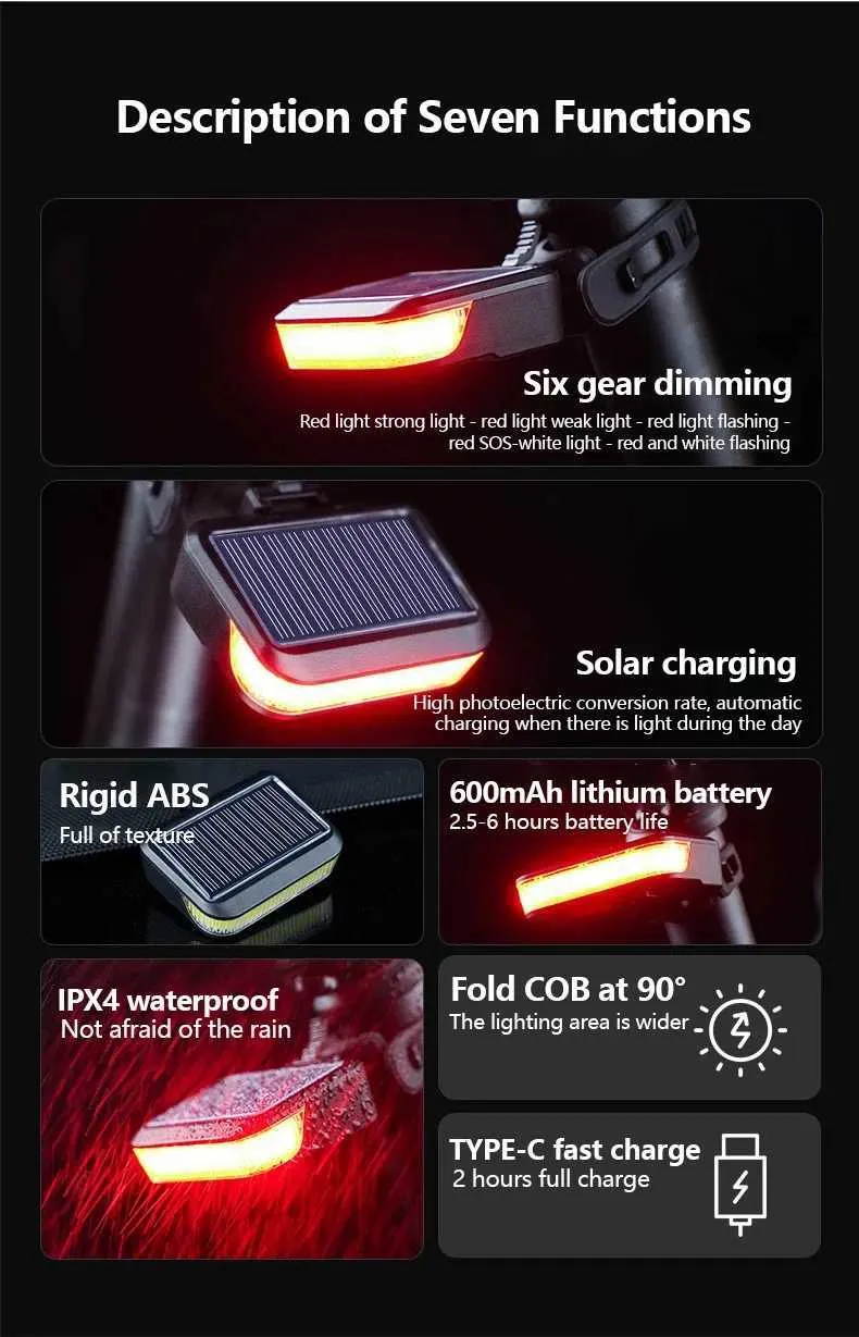 Rechargeable Bicycle Rear LED Taillight IPX5 Waterproof USB Solar Powered Bike Warning Light ...