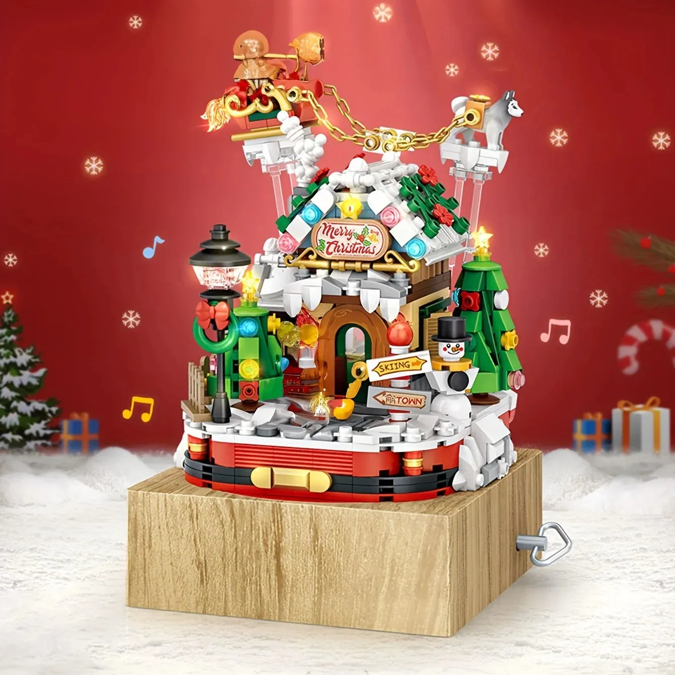 Christmas House Wooden Music Box Building Block Toy with Landscape and ...