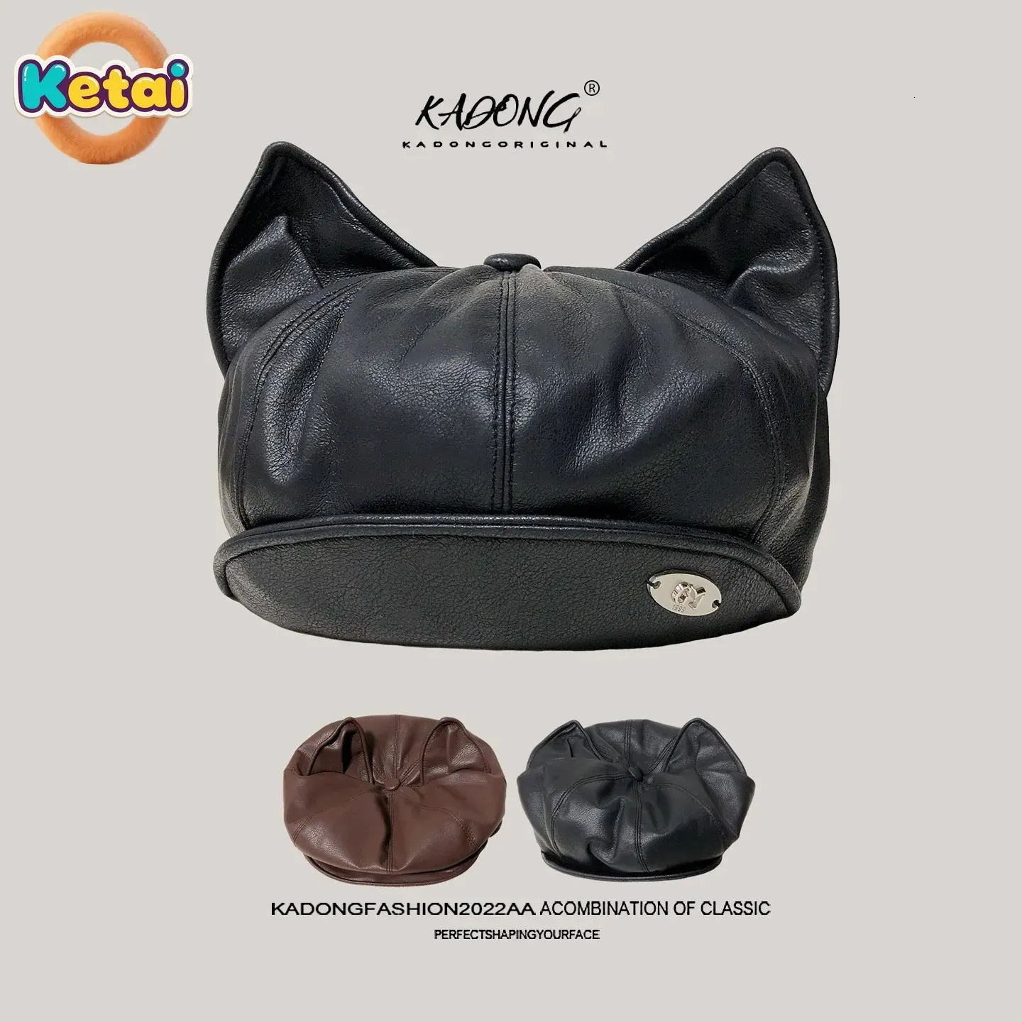 Leather Kitten Ear Beret Hat for Men Silk Fitted Strap Multifunction ...
