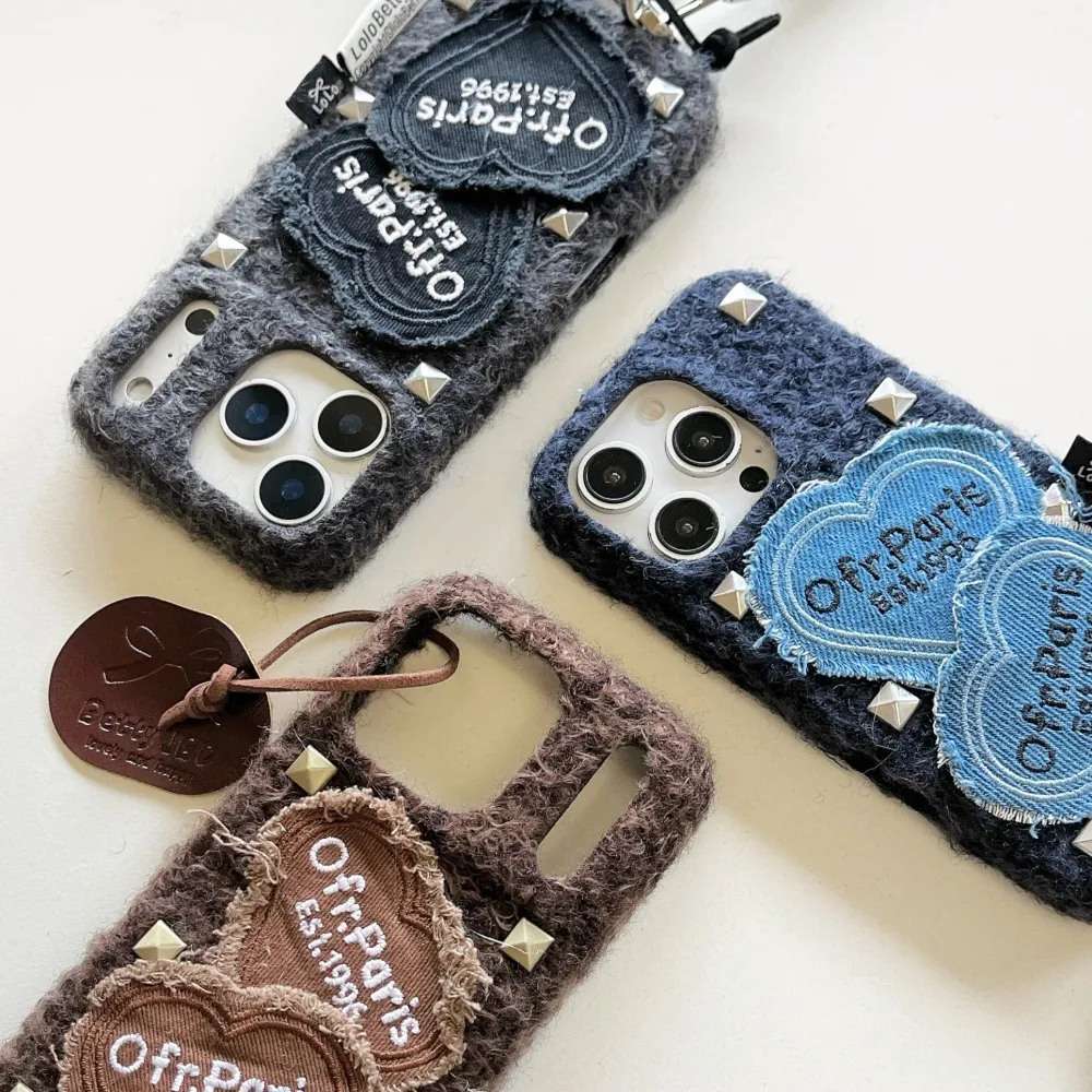 Punk Style Velvet Phone Case With Loop With Rivet Heart Patch For IPhone 17/16 Pro And IPhone 15 ...