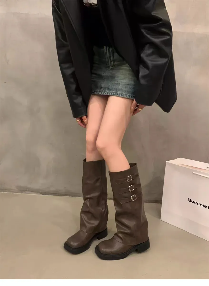 Women PU Knee High Wedge Heel Boots Slip-On Half Boots for Autumn ...