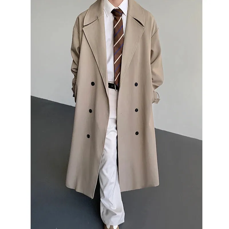 Men's long wool tatting trench coat hooded double-breasted loose mid ...