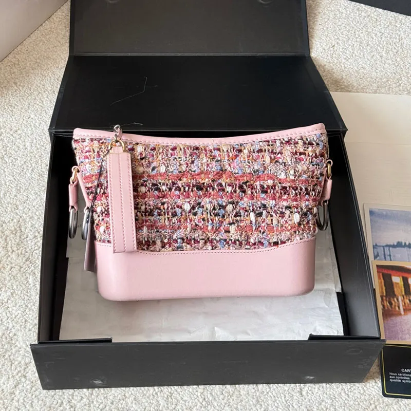 Designer Tweed Leather Hobo Pink Designer Bag With Colorful Knitting ...