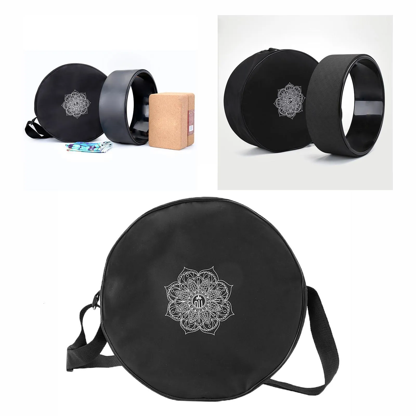 Yoga Wheel Bag Nylon Black Mandala Flower Circle Unisex Shoulder Sling ...