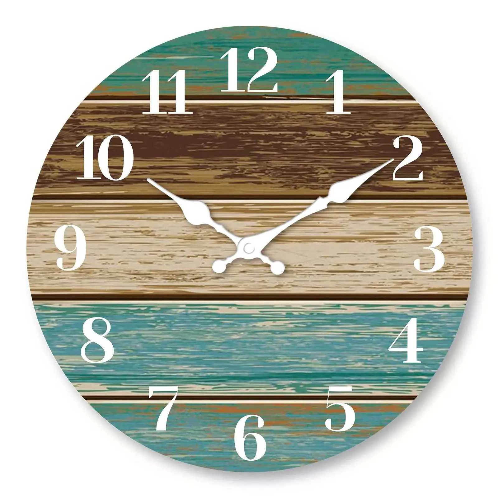 Wooden veneer wall clock retro blue and brown wood texture design mute ...