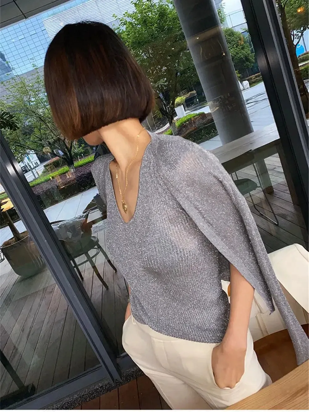 Korean Pearl Button Women Acetate Thin Knit Sweater Cardigan with V ...