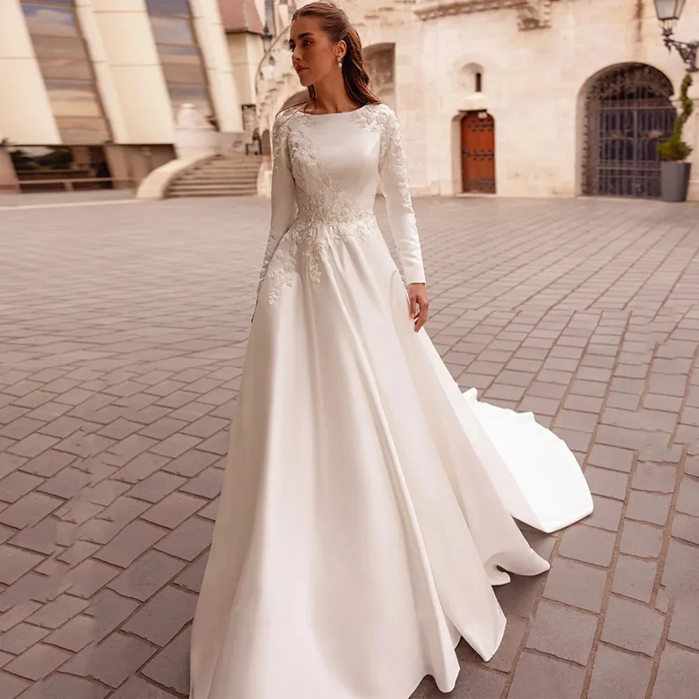 Elegant A-line Satin Wedding Dress with Jewel Neckline and Long Sleeves ...
