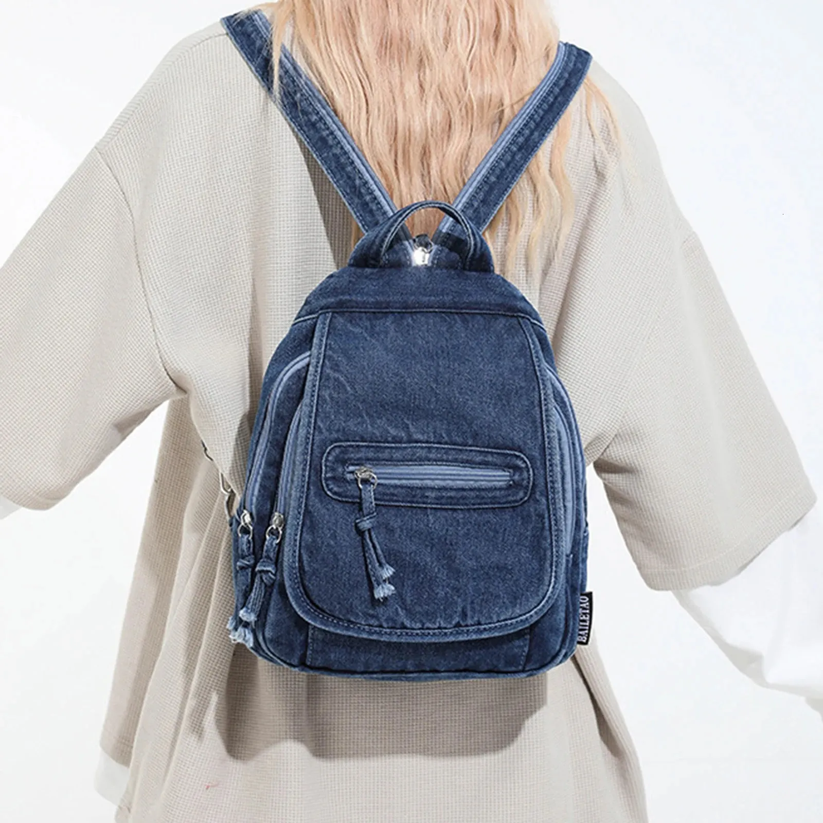 Denim Backpack Mini PU Zipper Closure Plain Pattern Casual Schoolbag ...