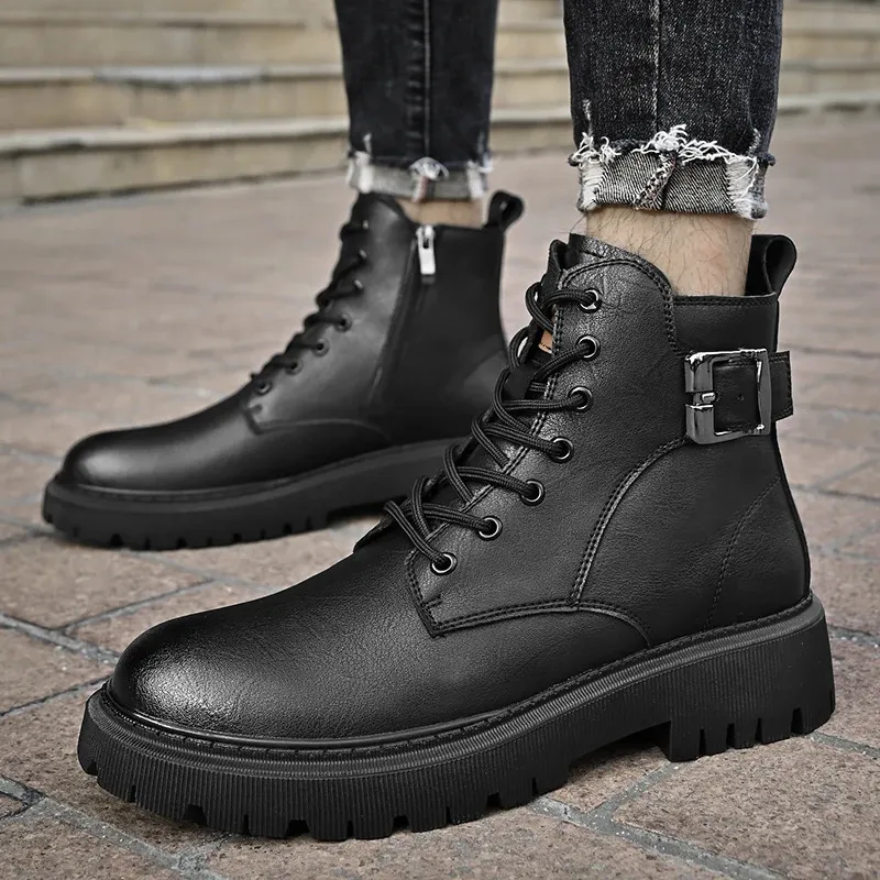 Mens PU Leather Motorcycle Boots Half Wedge Heel Ankle Travel Casual ...