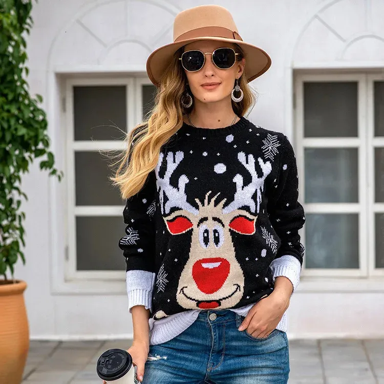 Christmas Knitted Sweater Womens Round Neck Pullover Long Sleeve Elk ...
