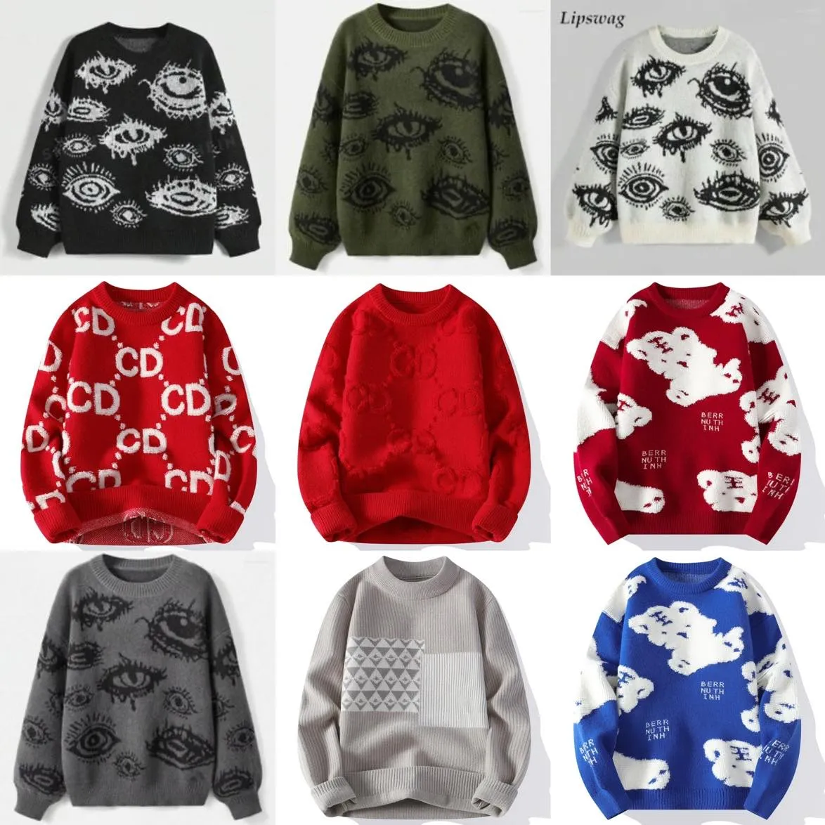 Vintage Knit Sweater Men: Y2K Eyes Crochet Crew Neck... From ...
