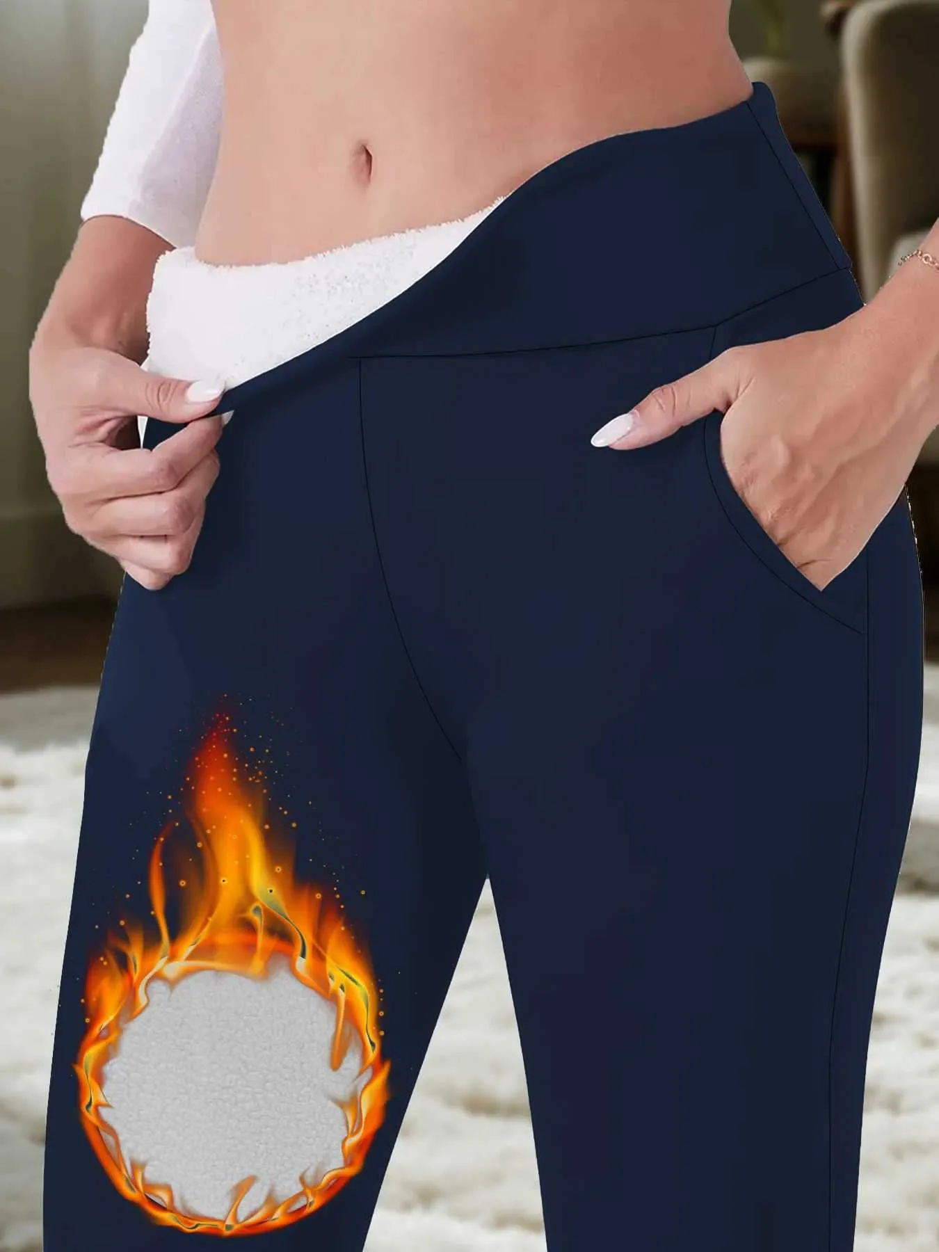 Womens High Waisted Fleece-Lined Nylon Knit Leggings With Pockets Mid ...