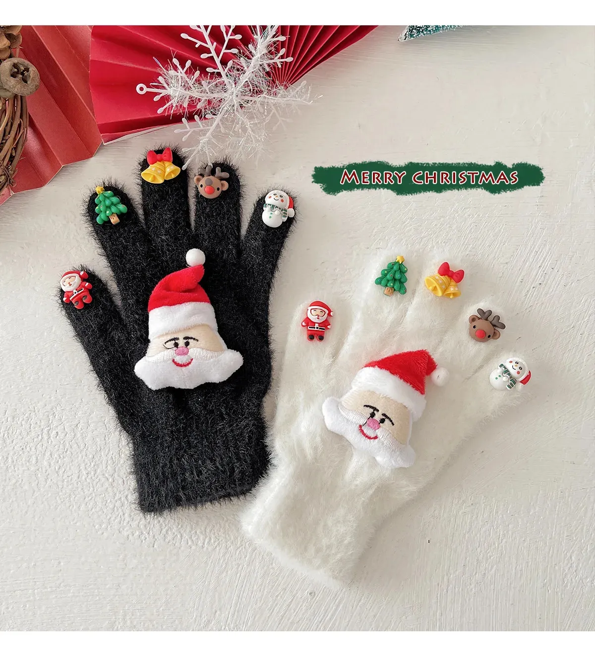 2025 Cartoon Christmas Gloves Bamboo Fiber Knit Winter Outdoor Gloves ...