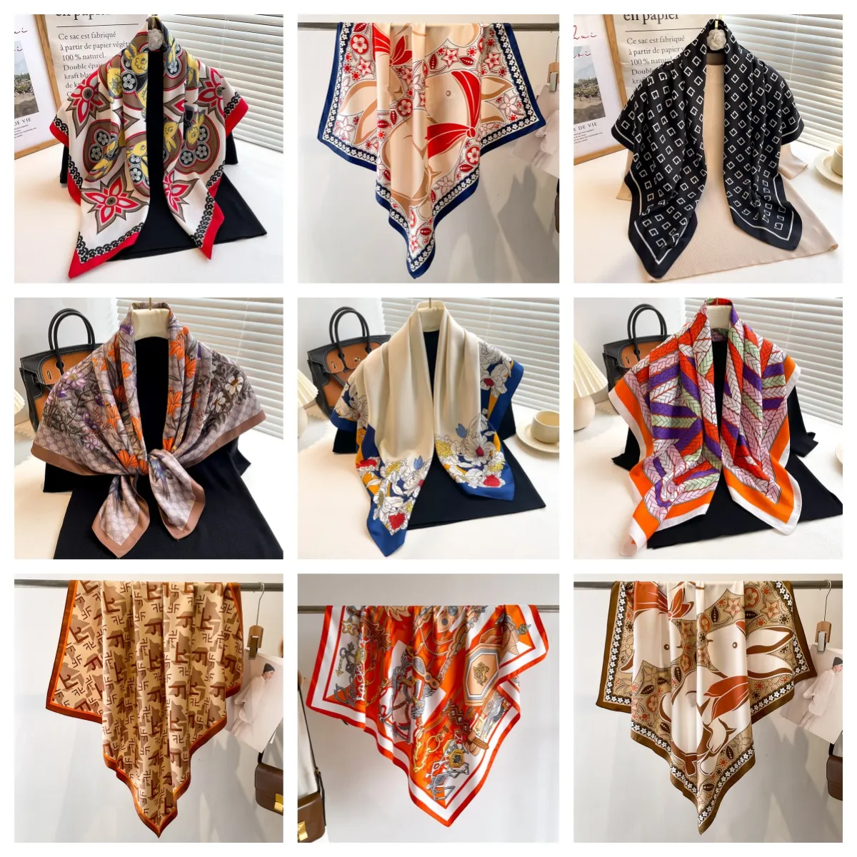 90x90cm Classic Design Fashion Letter Grid Satin Square Scarf Outdoor ...