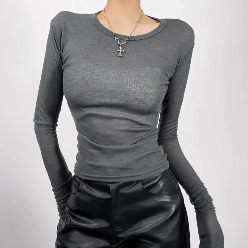 Women Crew Neck Fitted Long Sleeve Semi Sheer T-shirt 100% Cotton Knit ...