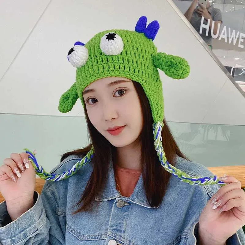 Unisex Knitted Dome-Shaped Linen Cap with Cartoon Monster Design for ...