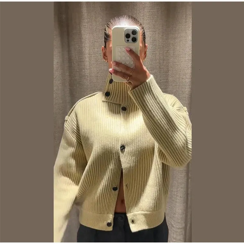 Knitted Womens Cardigan Stand Collar Full Sleeve Single-Breasted ...