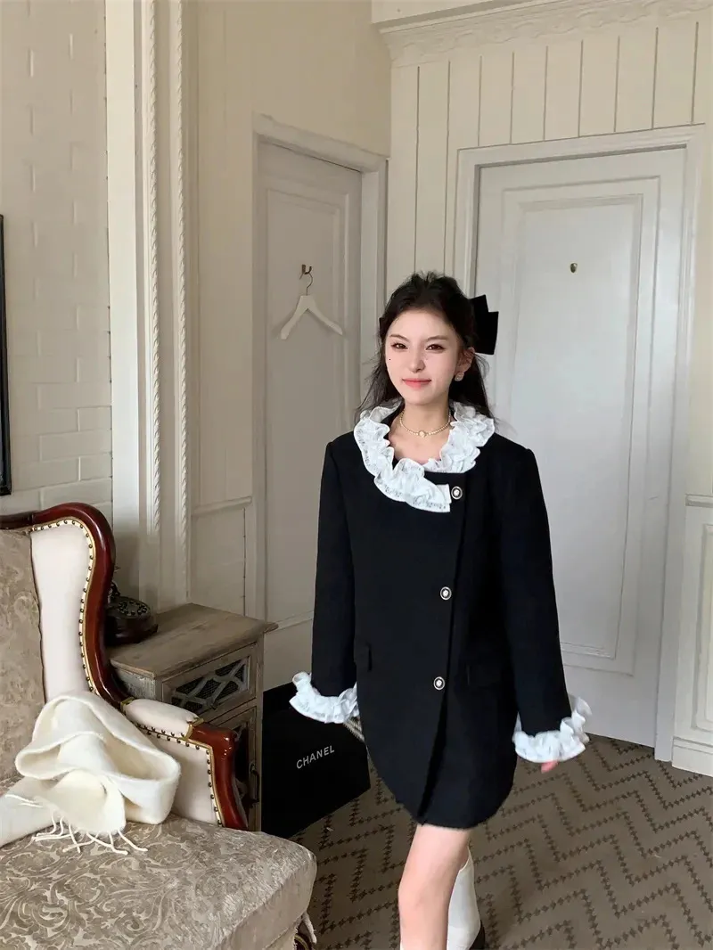 Ruffle Jacket Ladies Skinny Fit Acetate Blazer with Lace Patchwork ...