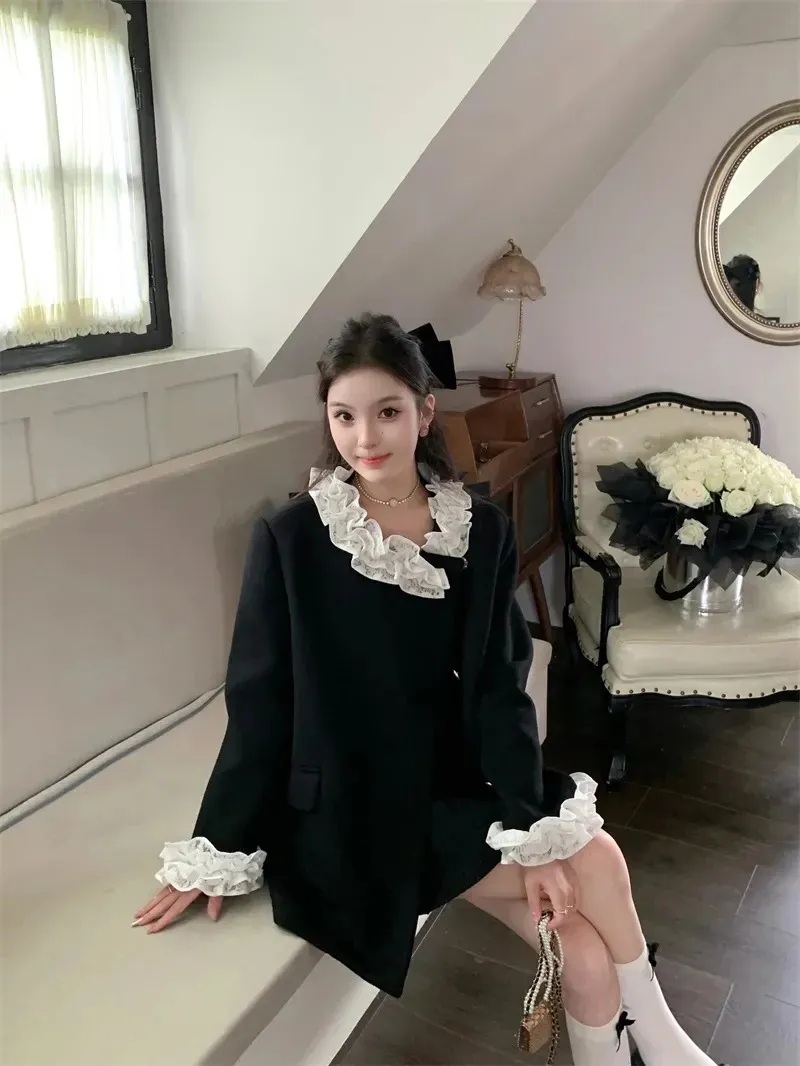 Ruffle Jacket Ladies Skinny Fit Acetate Blazer with Lace Patchwork ...