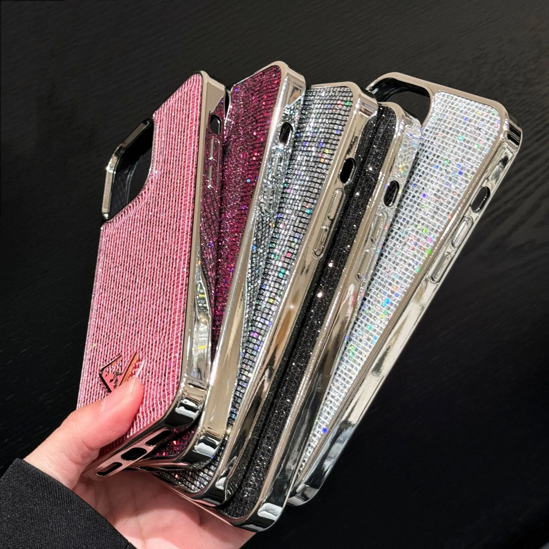 TPU leather fitted phone case with glittering powder and square pattern ...
