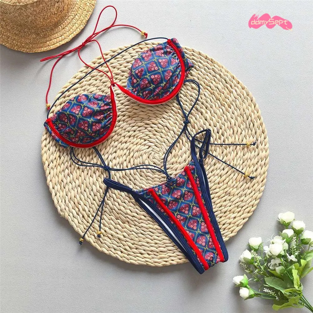 String Thong Bikini Set - Sexy Push Up Swimsuit, Vintage Print - Shop ...