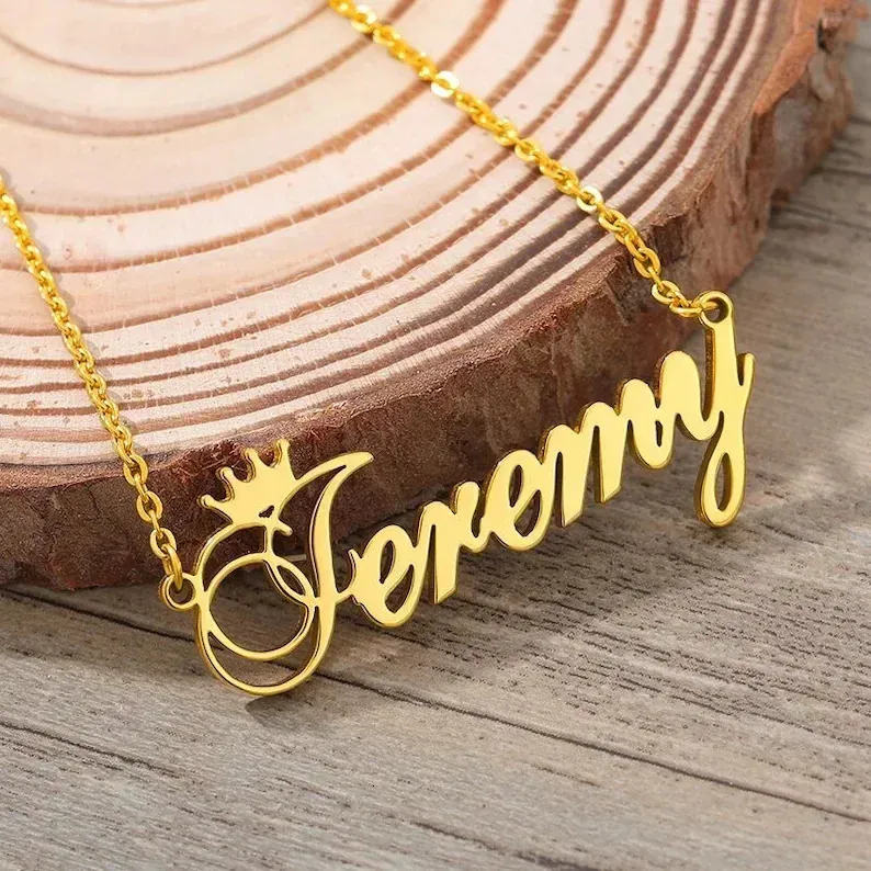 Custom Name Necklace for Women Personalized Crown Cursive Font Gold ...