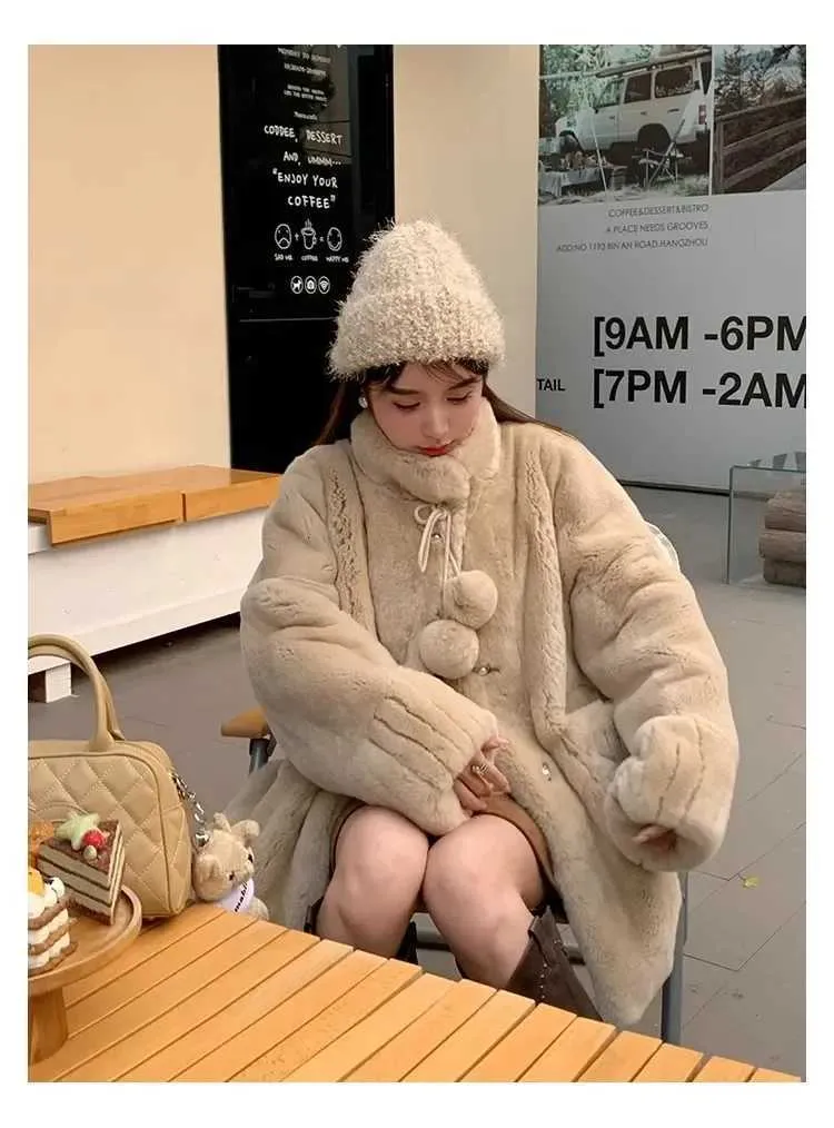 Designer woolen fur coat mid-length thick warm artificial rabbit fur ...