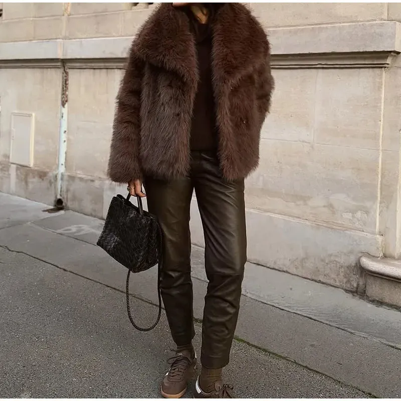 Brown Fur Jacket Women Thick Warm Bat Sleeved Long Sleeve Lapel Coat ...