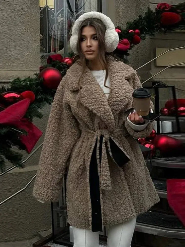 Lamb Wool Loose V Neck Long Sleeve Hooded Winter Jacket Thick Fur ...