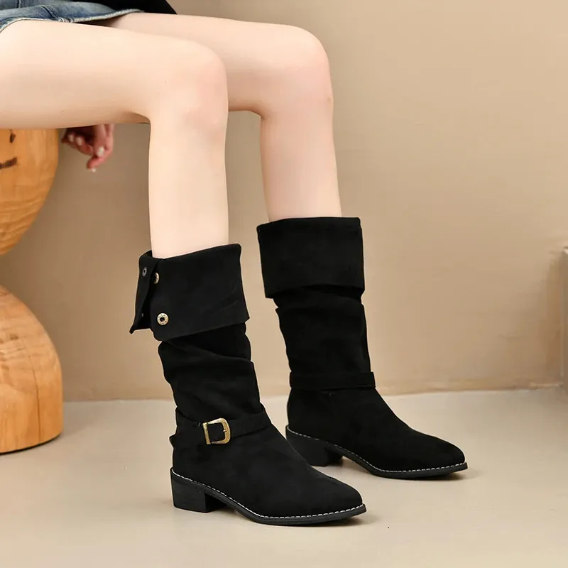High Heeled Womens PU Boots with Casual Belt Buckle, Knee High 14 in 35 ...