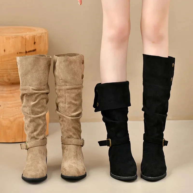 High Heeled Womens PU Boots with Casual Belt Buckle, Knee High 14 in 35 ...