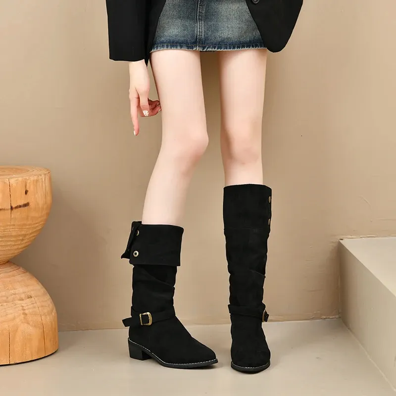High Heeled Womens PU Boots with Casual Belt Buckle, Knee High 14 in 35 ...