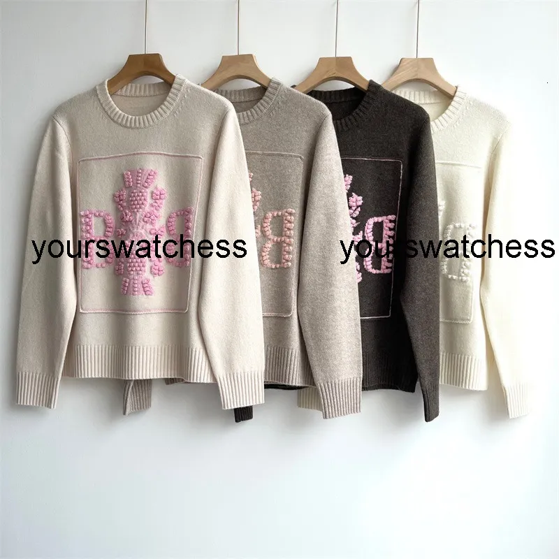 White Embroidered Letter Acetate Sweater Round Neck Long Sleeve Pullover Thick Knitwear from ...