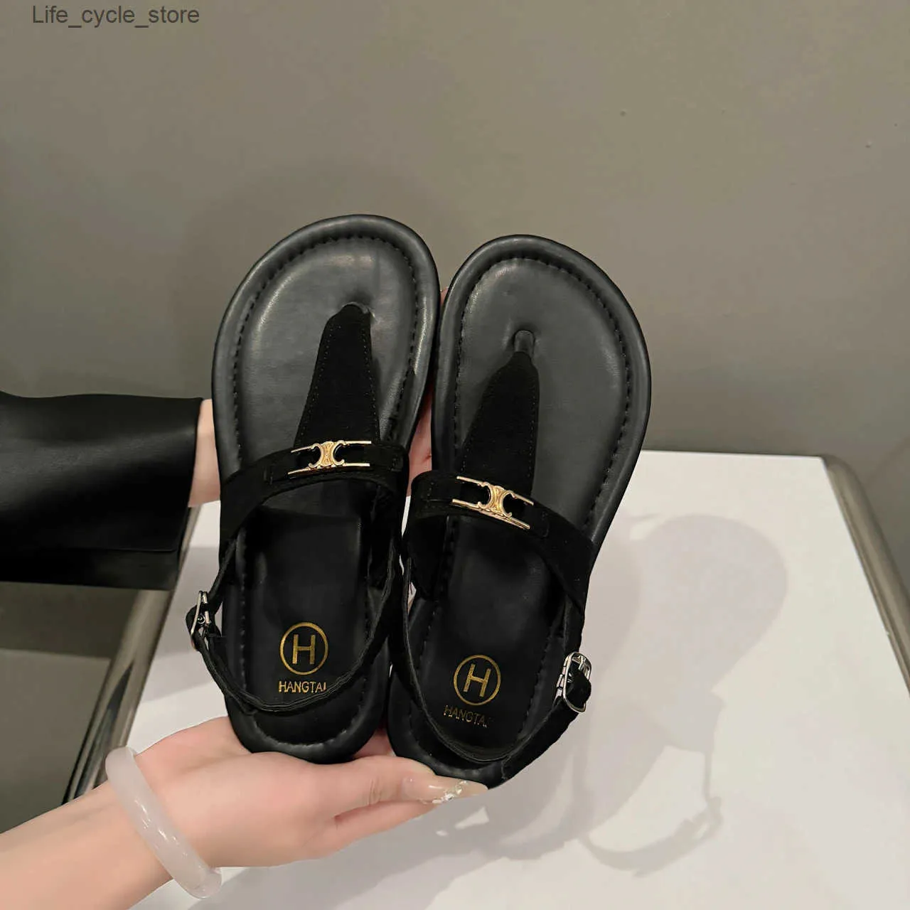 2025 summer T strap sandals women flat spool heel wooden outsole casual ...