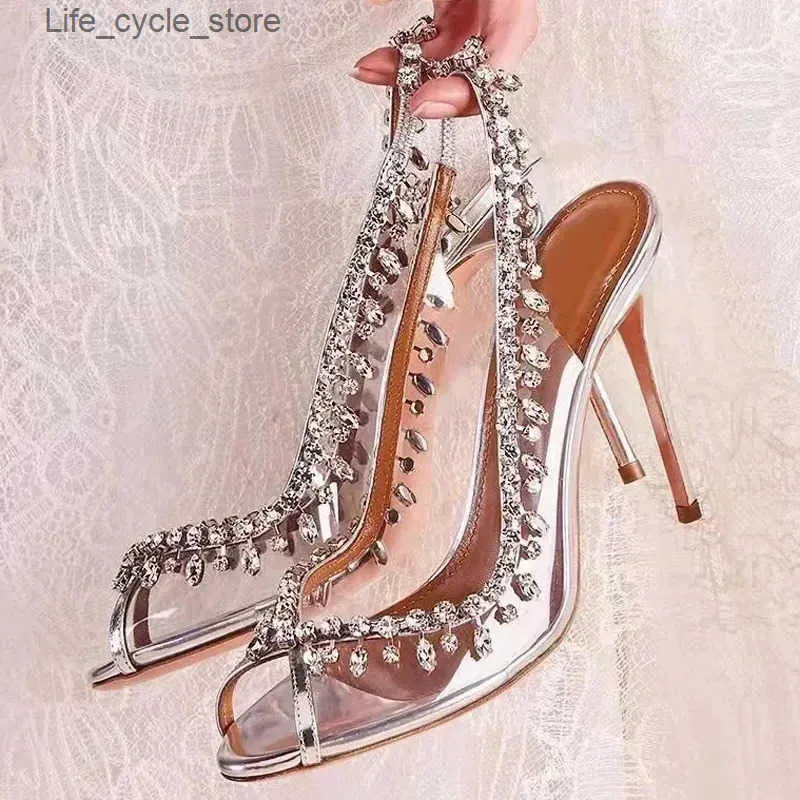 Transparent PVC Rhinestone High Heels for Women with Wood Outsole and ...