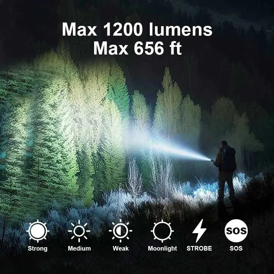 KDULIT 1200LM Tactical LED Flashlight Rechargeable 21700 Battery IP66 ...